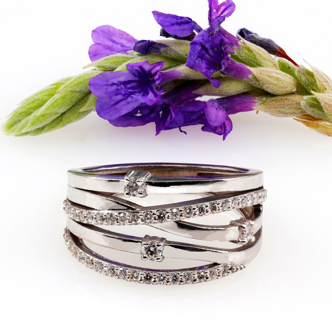 5 Row Ring, Diamond Crossover Ring, Vintage Diamond Ring, Natural ...