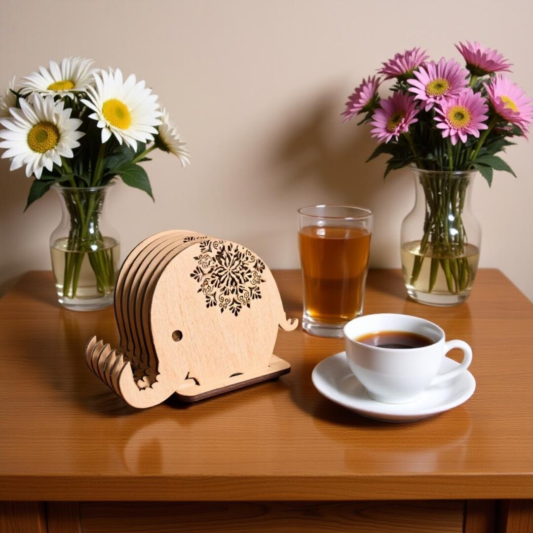 Wooden Elephant Coasters Set, 6 PCS.+ Stand, 6 Laser-cut Mandala ...