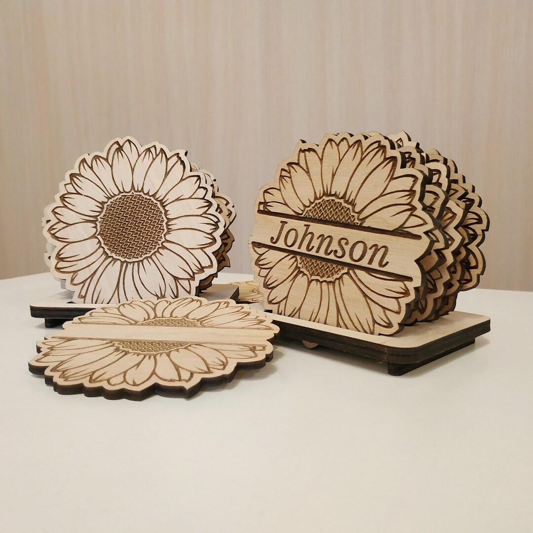 Engraved Sunflower Wood Coasters Set: Personalized Bridal Shower Gift ...