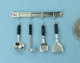 1:12 Dollhouse Miniature Metal Cooking Utensils Set With Wall Hanger ...