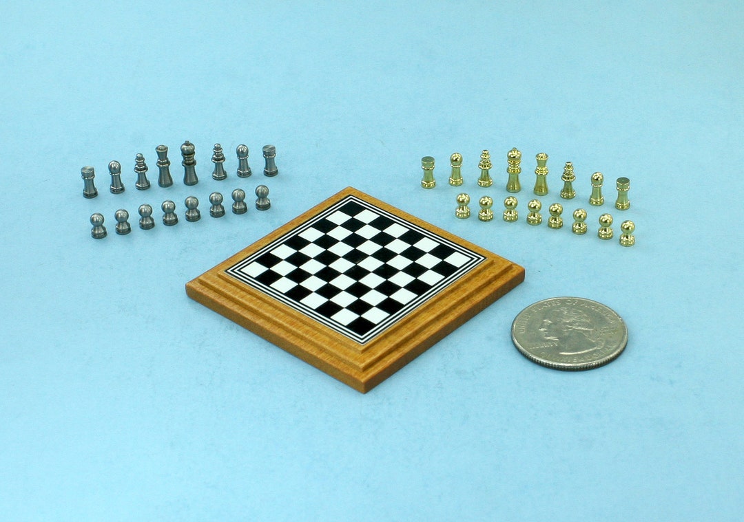 FABULOUS Dollhouse Miniature Chess Set With Solid Pewter & Gold Metal ...