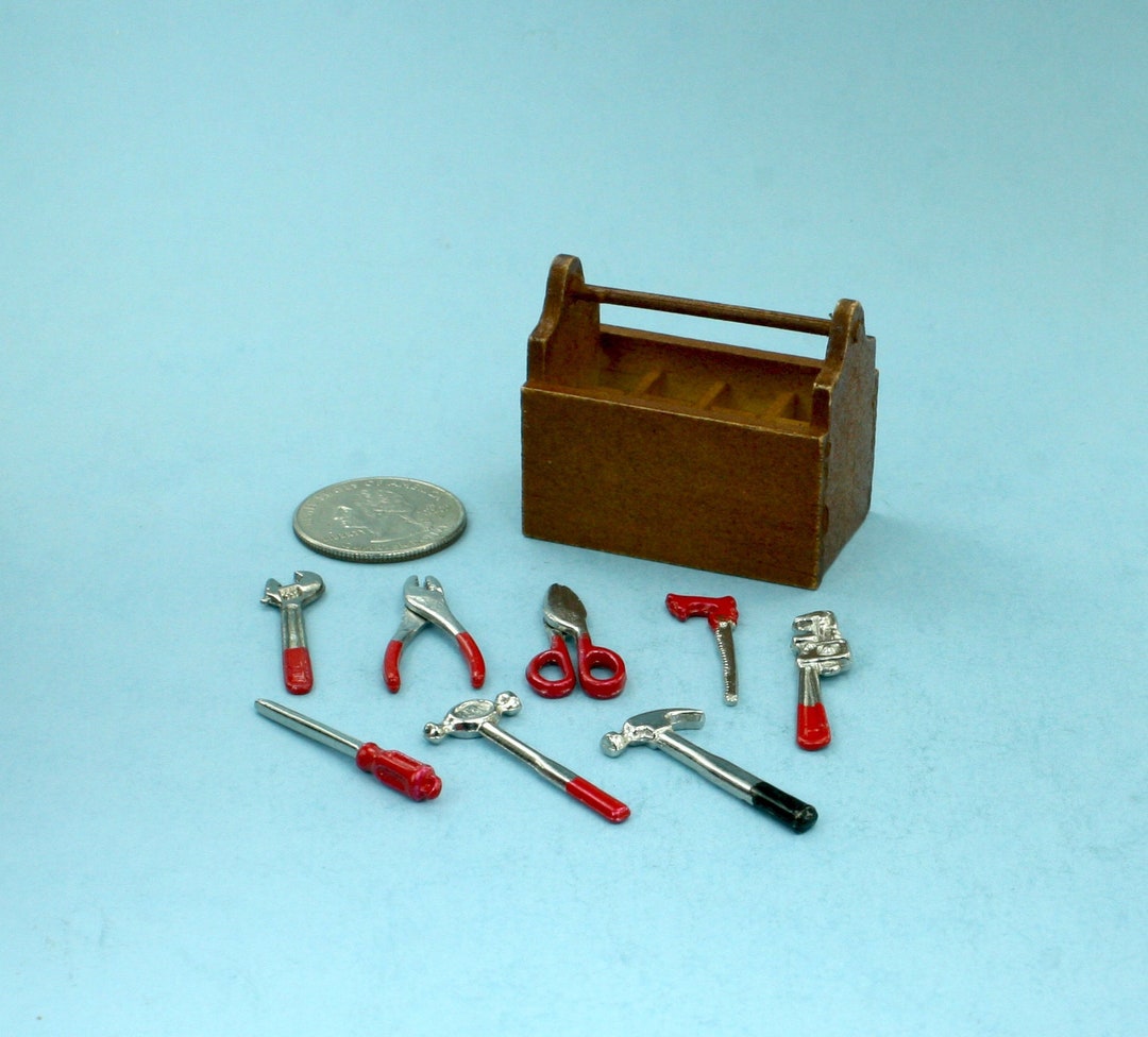 NICE Dollhouse Miniature 8 Piece Metal Tool Set With Wooden Toolbox ...