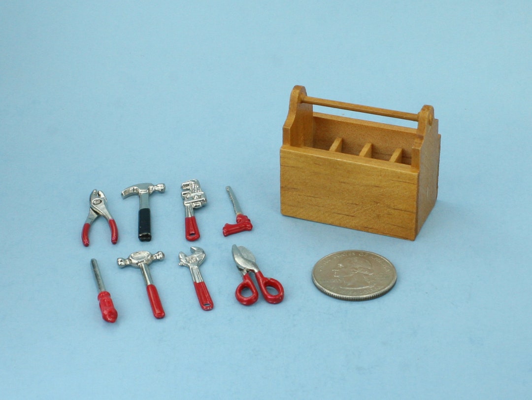 NICE Dollhouse Miniature 8 Piece Metal Tool Set With Wooden Toolbox ...