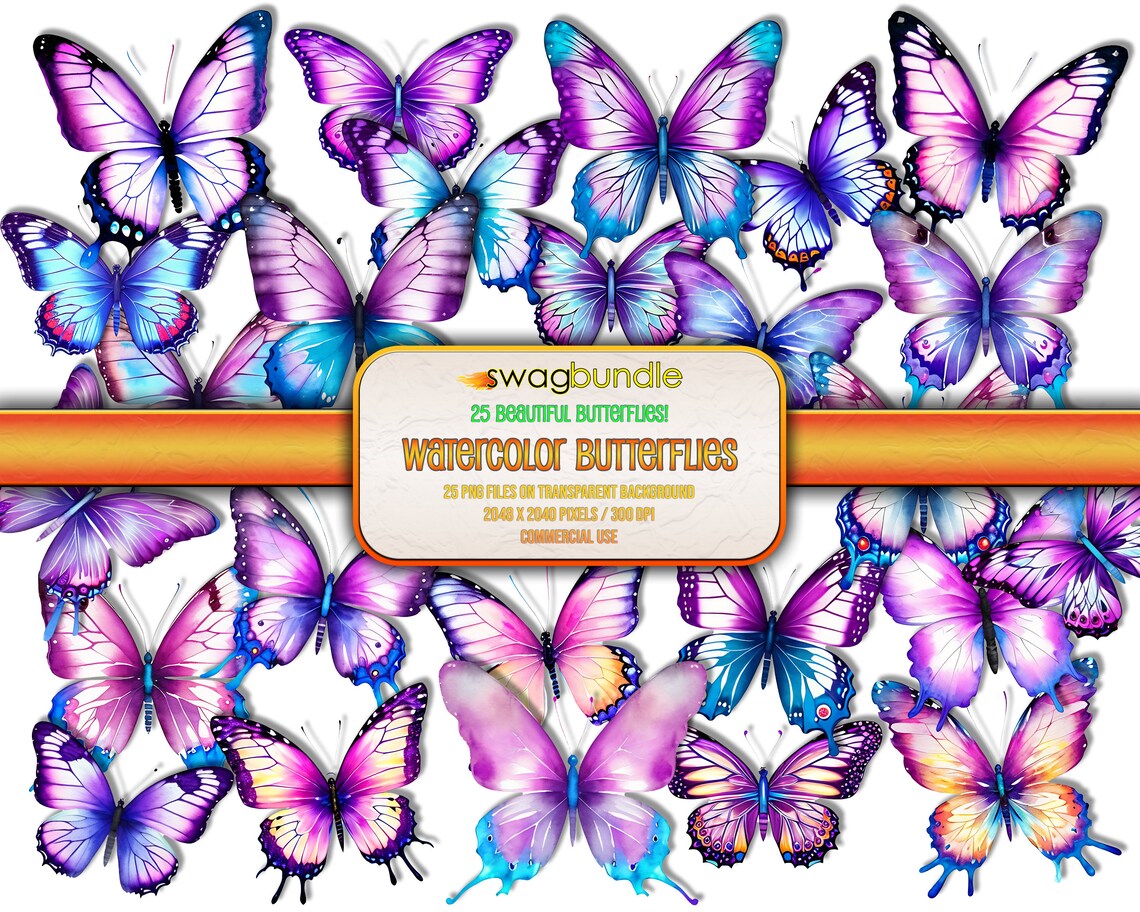 25 Watercolor Butterflies Clipart - Digital Butterfly Illustrations in ...