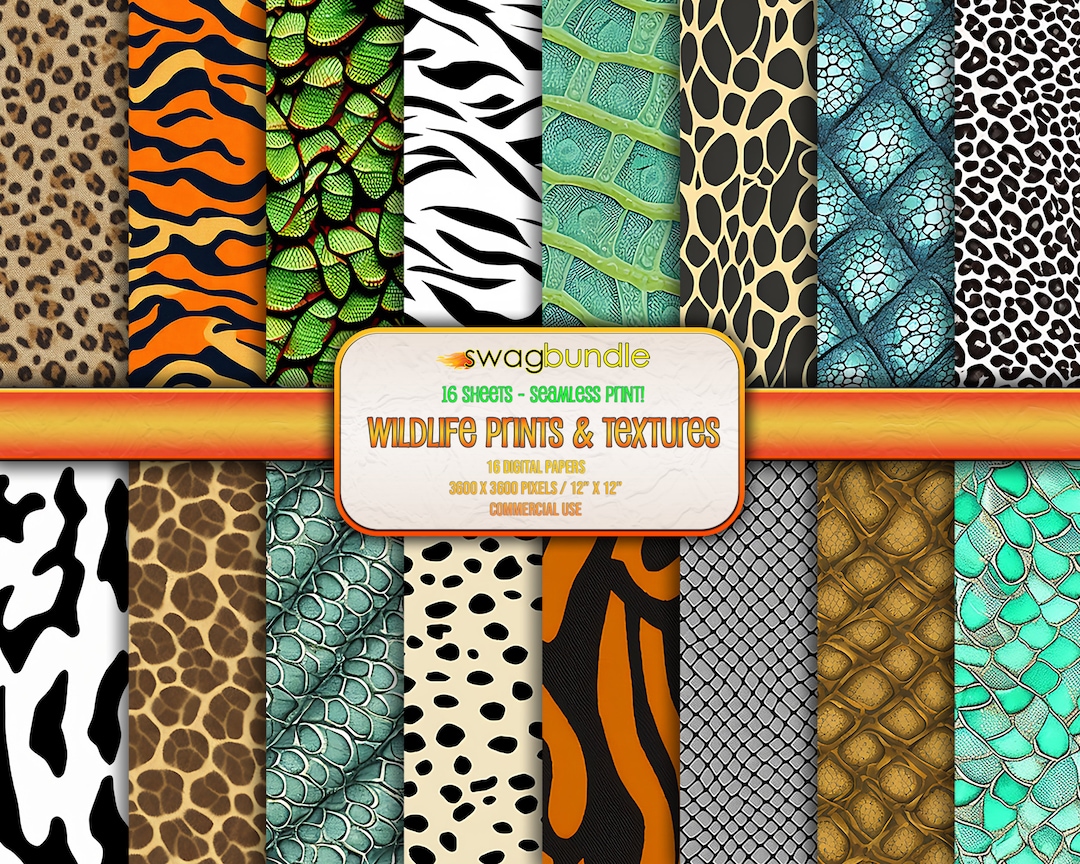 Wildlife Print Digital Paper, Seamless Animal Skin Patterns, Tiger ...
