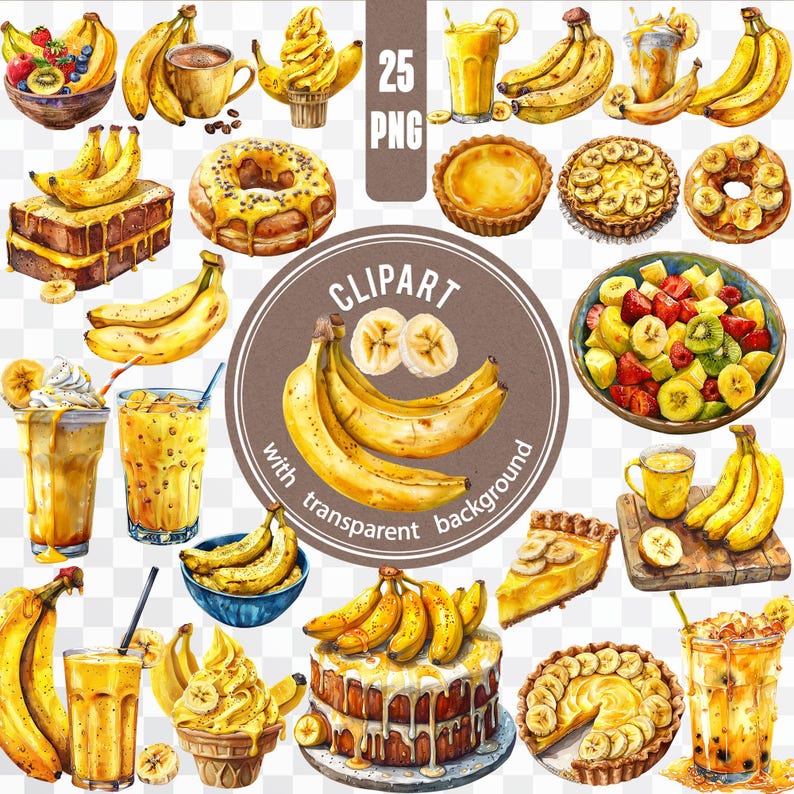 25 PNG Banana / Yellow Dessert Digital File / Summertime Party Bundle ...
