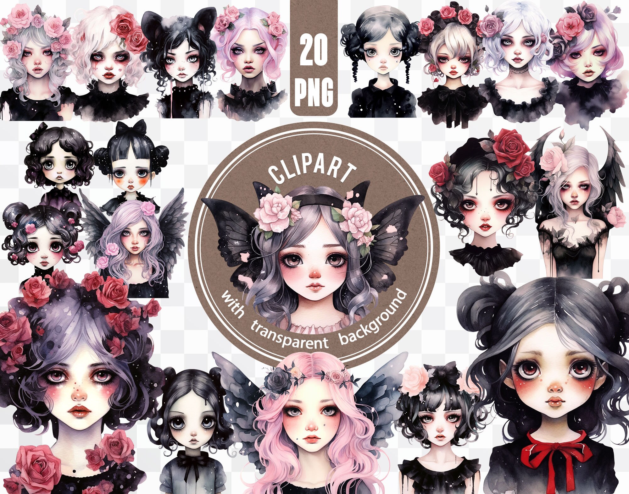 20 PNG Gothic Girl With Pink Hair / Goth Witch Digital Bundle / Kawaii ...