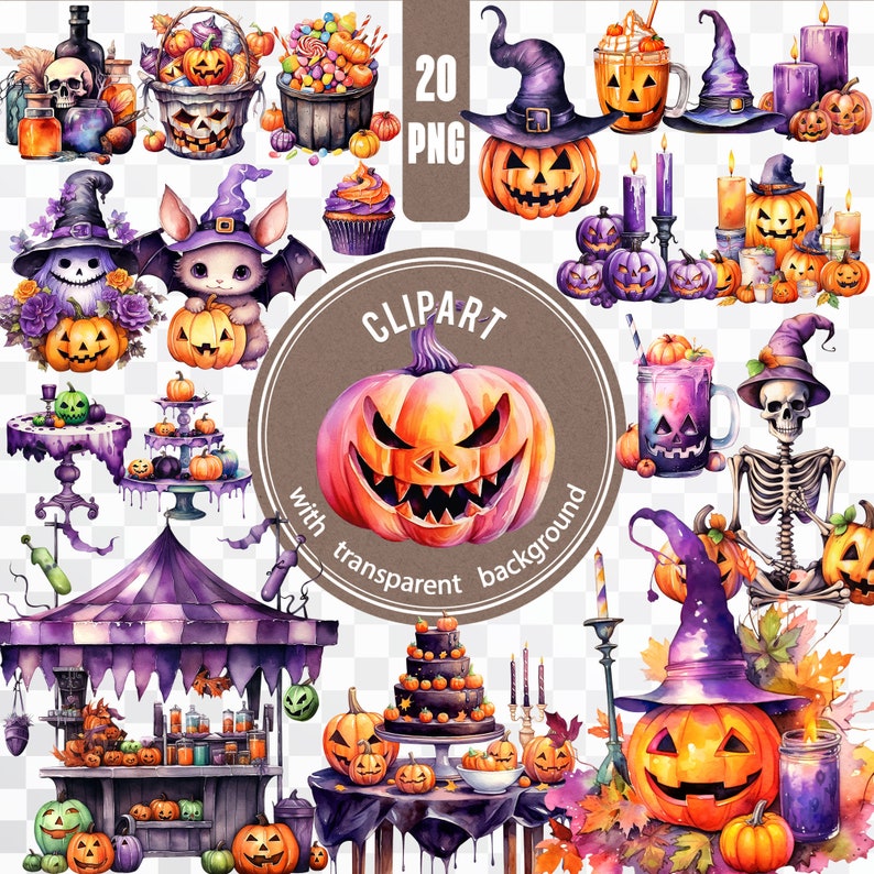 20 PNG Halloween / Purple Orange Pumpkin Digital Bundle / Trick Treat ...