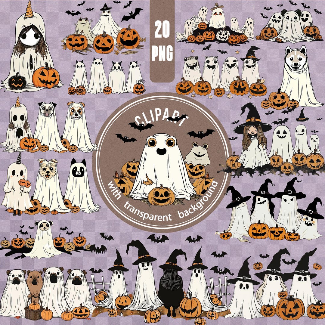 20 PNG Cute Ghost / Halloween Costume Digital Bundle / Spooky Sticker ...