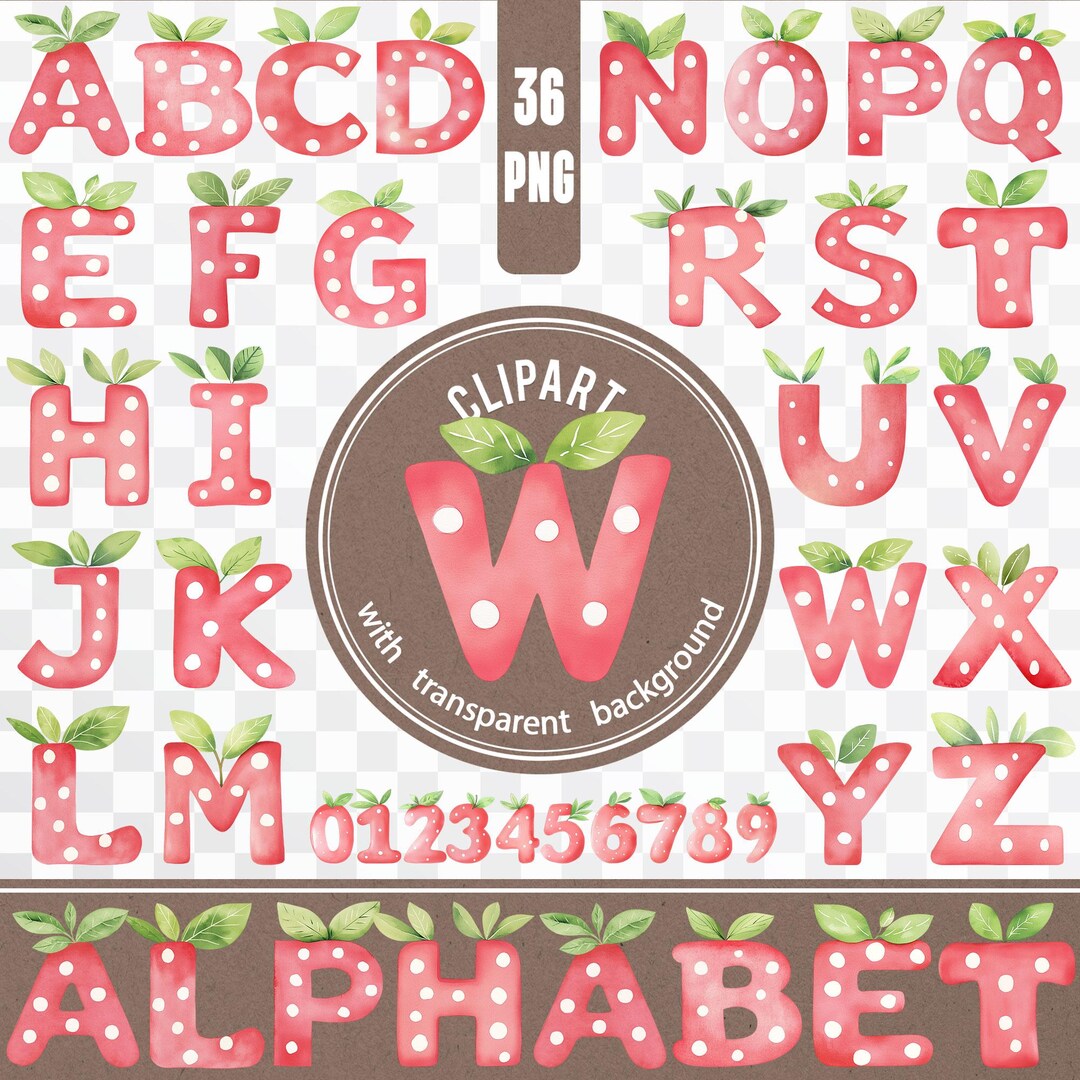 36 PNG Strawberry Alphabet / Cute Pink Letters Digital / School ...