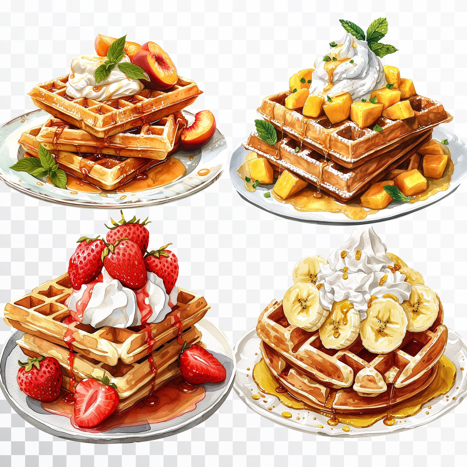 20 PNG Sweet Belgian Waffles / Delicious Dessert Pack / Watercolor ...