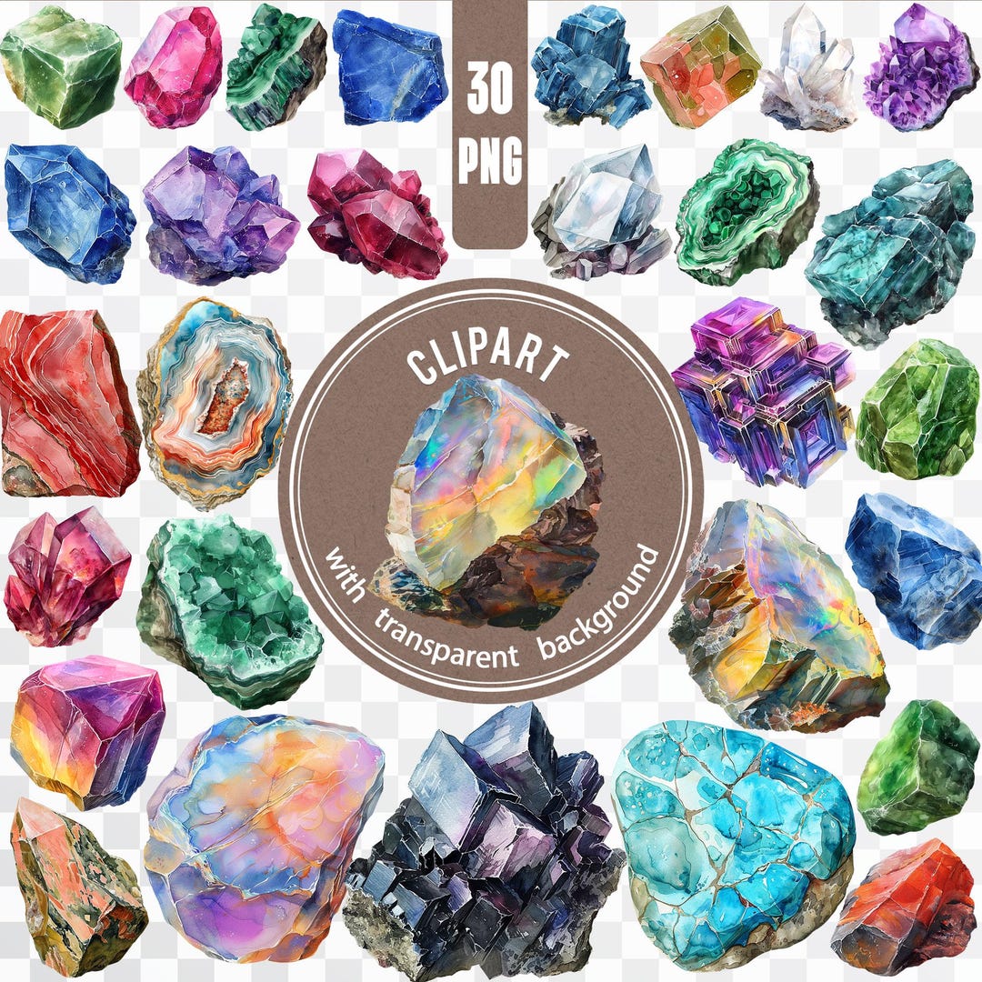 30 PNG Gemstone Bundle / Watercolor Mineral Pack / Crystal Stone ...