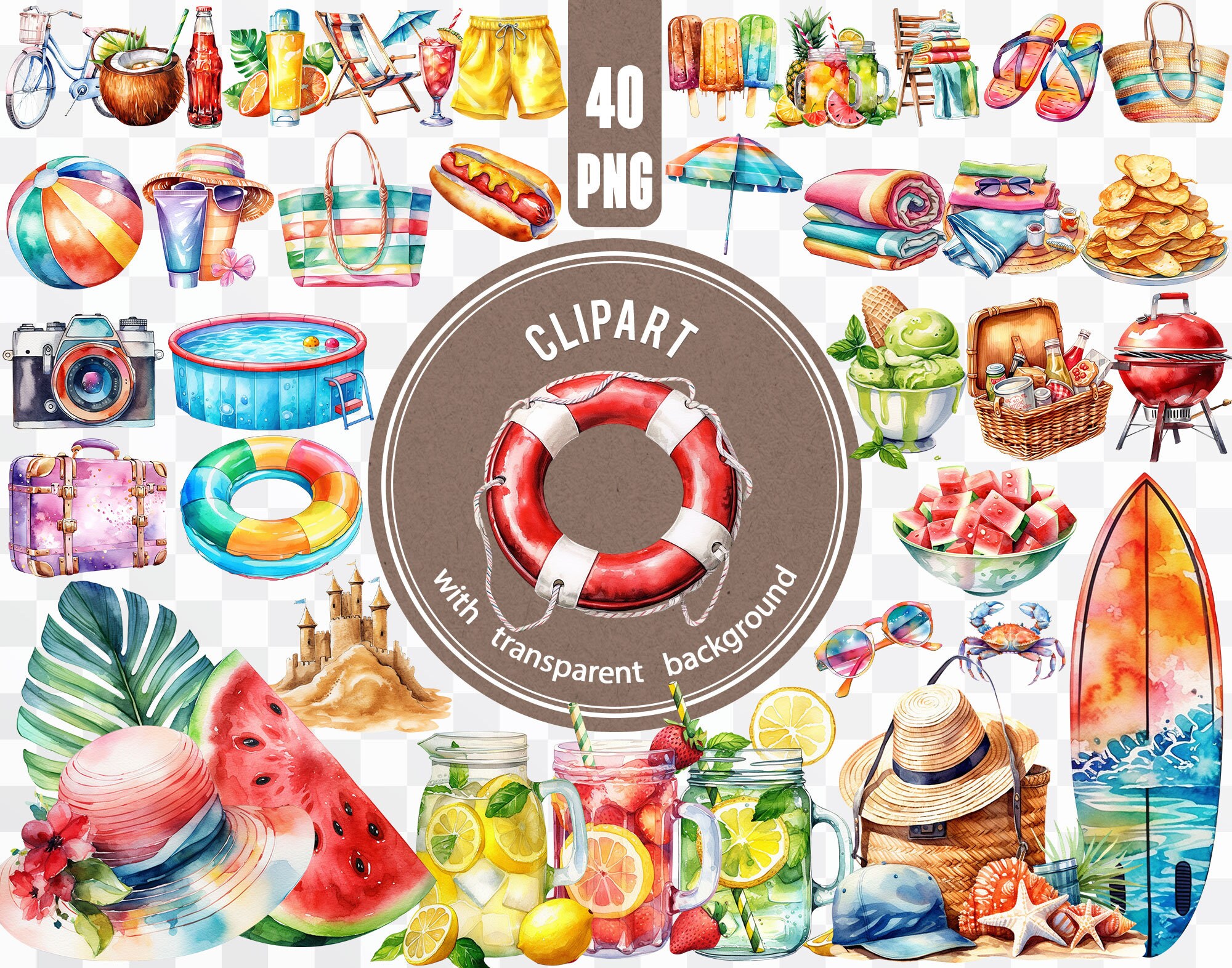 40 PNG Summer Vibe / Watercolor Vacation Digital File / Pool Picnic ...