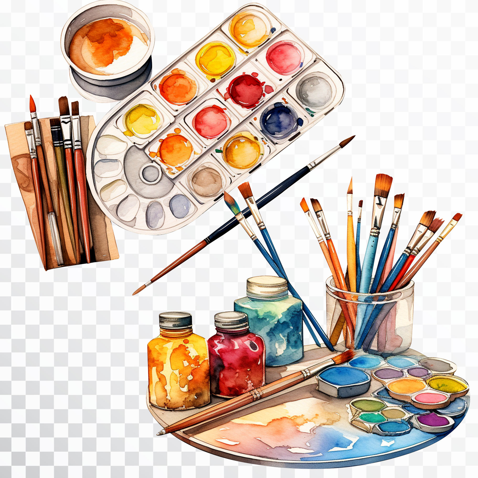 35 PNG Watercolor Painting / Palette Easel Clipart / Paint Brush Bundle ...