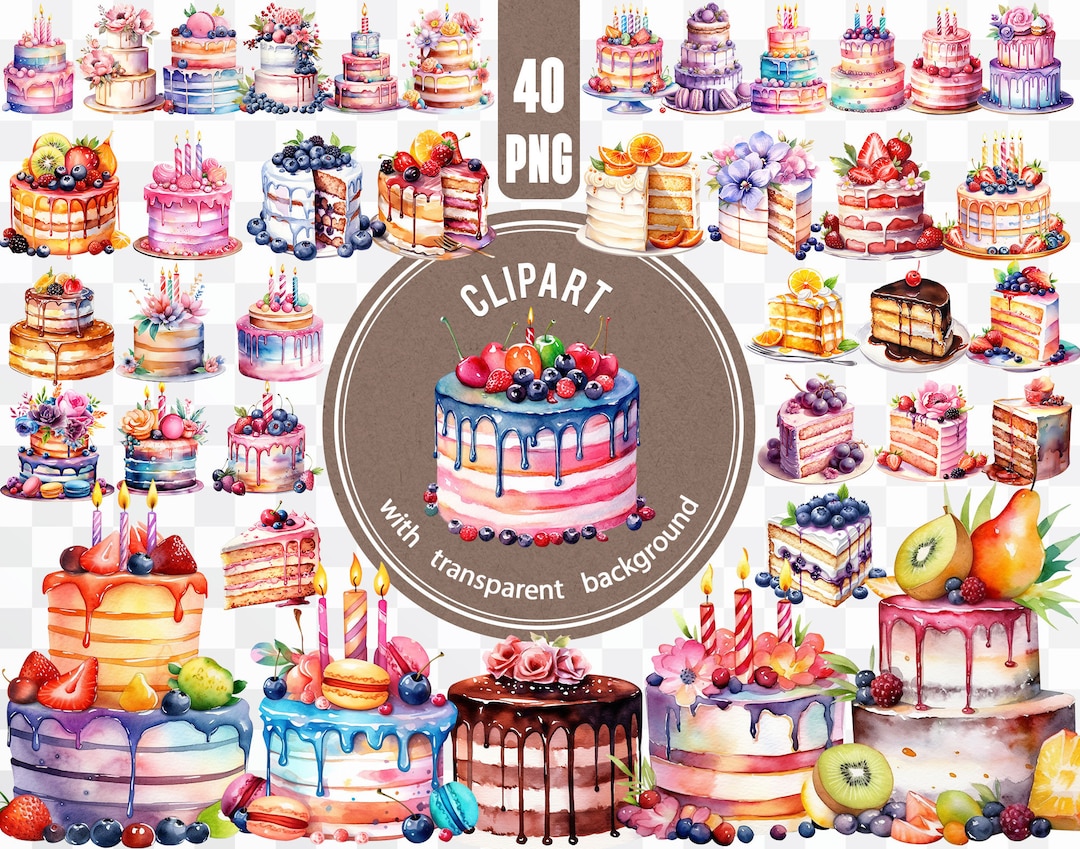 40 PNG Watercolor Cake / Sweet Dessert Pack Digital File / Happy ...