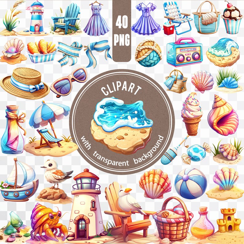 40 PNG Summertime / Ocean Beach Party Bundle / Watercolor Vacation ...