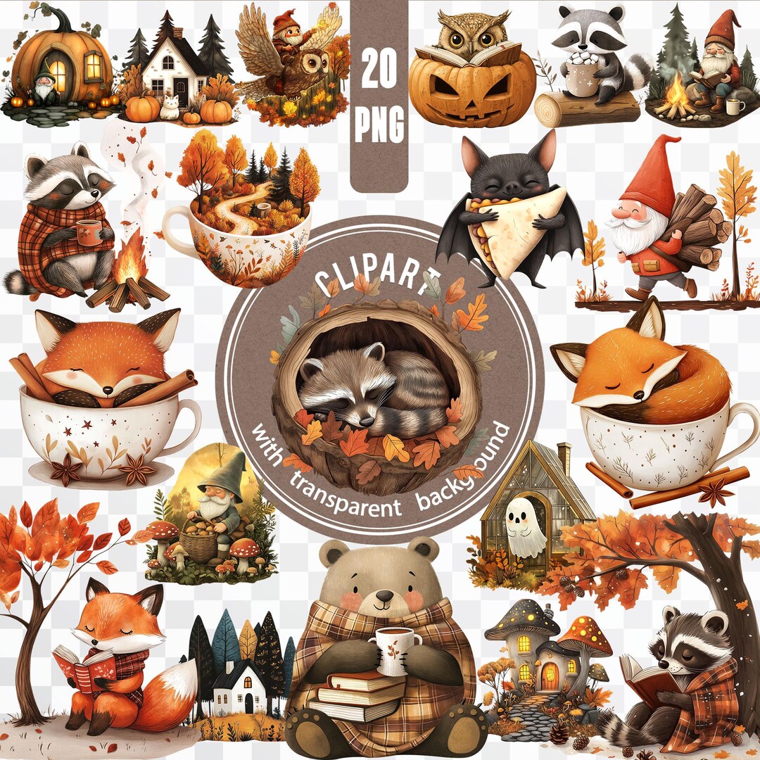 20 PNG October Bundle / Autumn Forest Pack / Fox Raccoon Bear Sticker ...