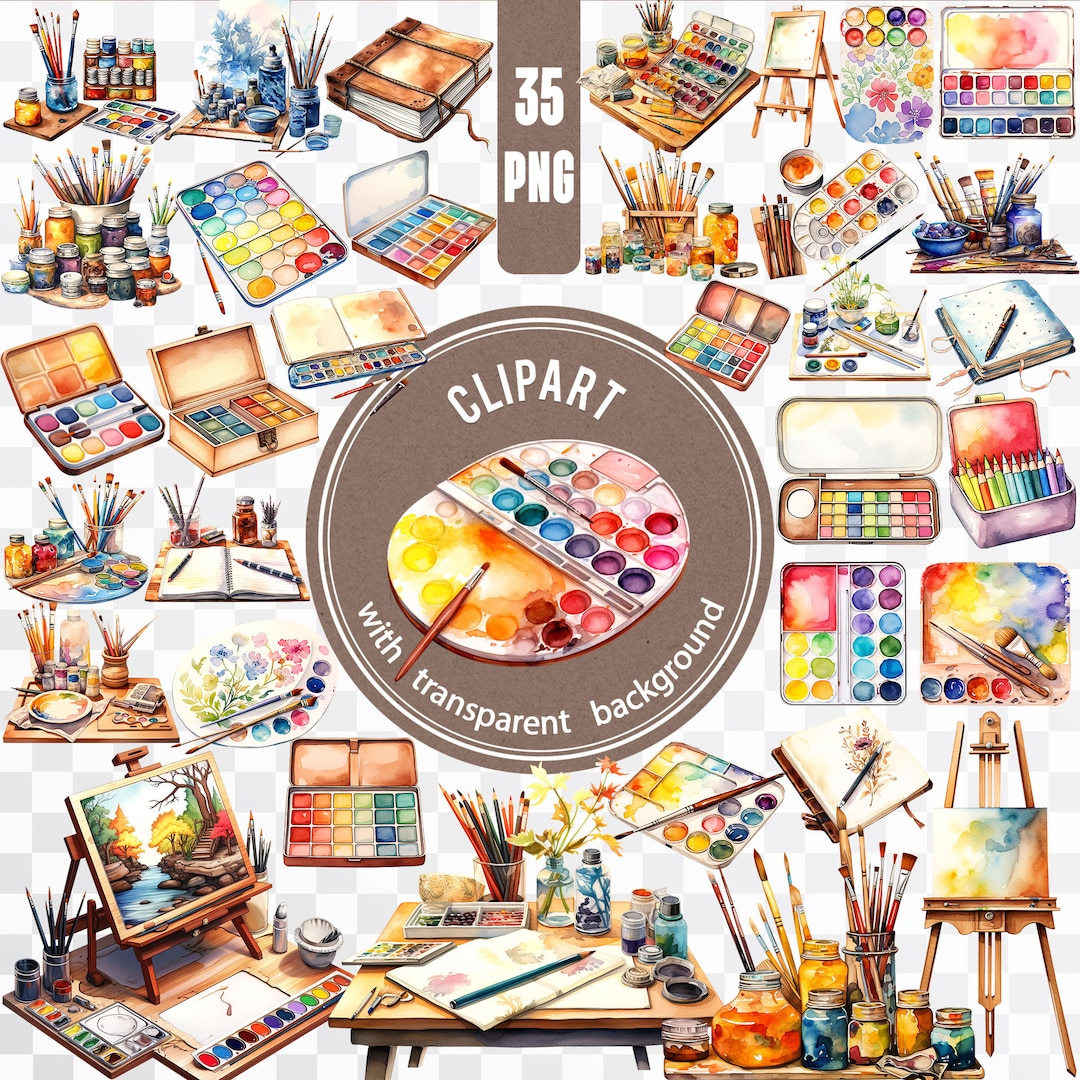 35 PNG Watercolor Painting / Palette Easel Clipart / Paint Brush Bundle ...