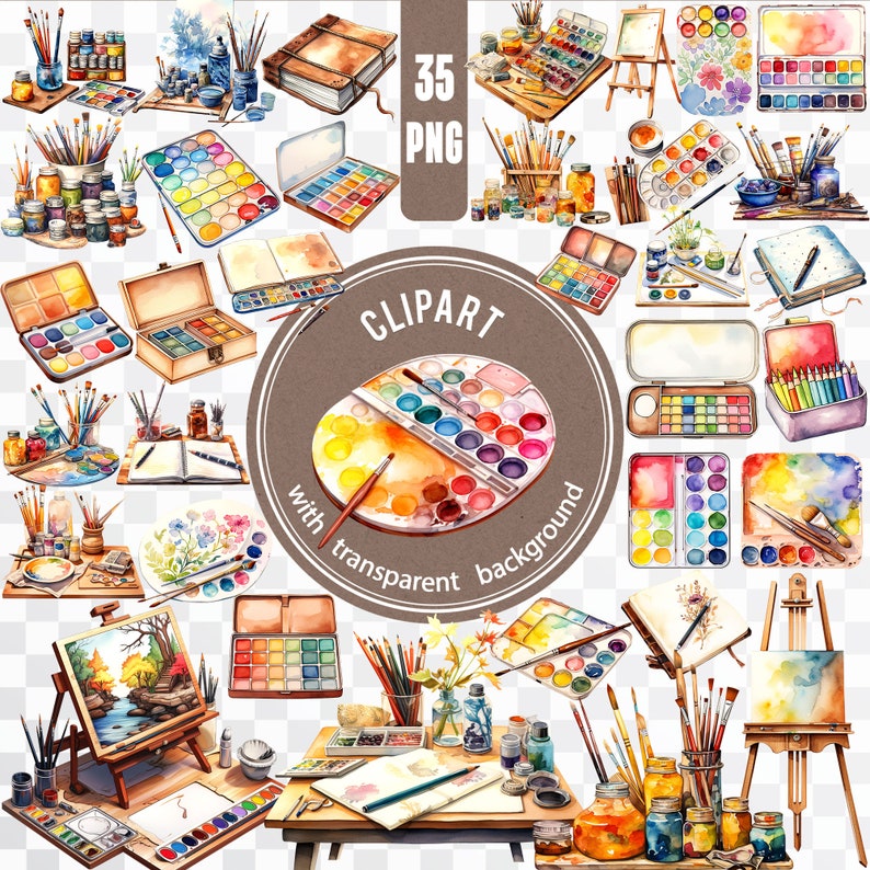 35 PNG Watercolor Painting / Palette Easel Clipart / Paint Brush Bundle ...