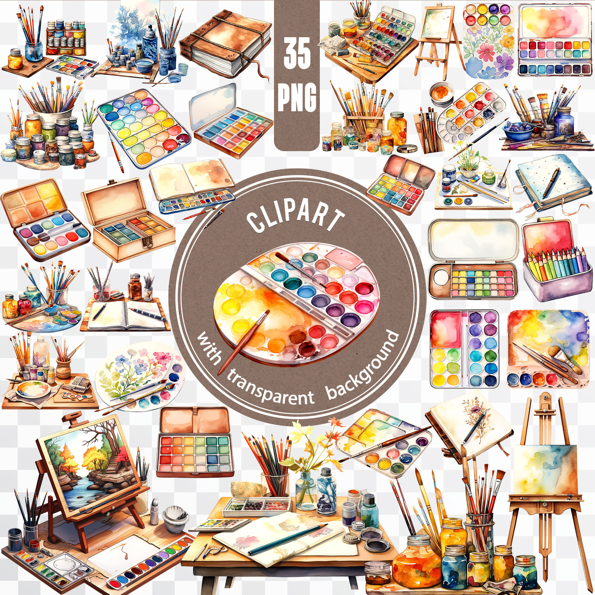 35 PNG Watercolor Painting / Palette Easel Clipart / Paint Brush Bundle ...