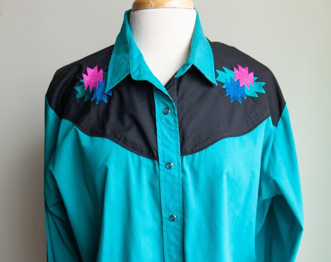 Vintage Rodeo Girl Shirt, 1980s 80s Turquoise Embroidered Western Shirt ...