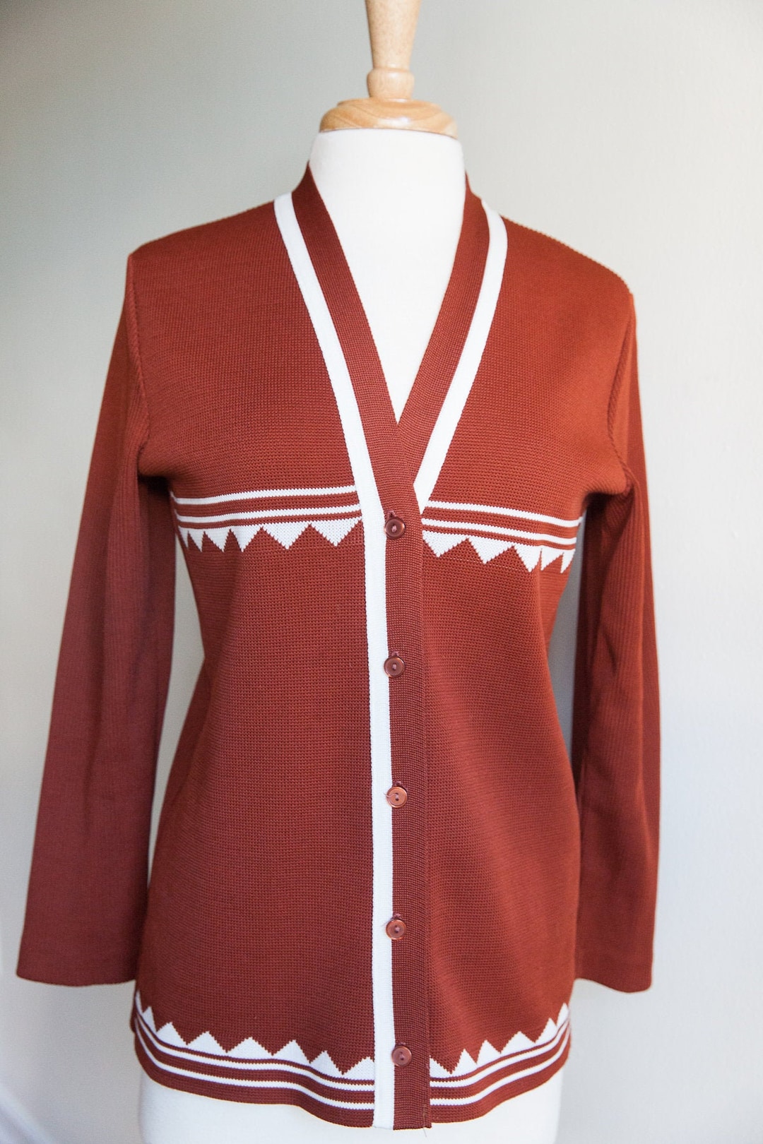 Vintage Sienna and Cream Ribbed Cardigan, 1970s 70s Sienna Brown Cream ...