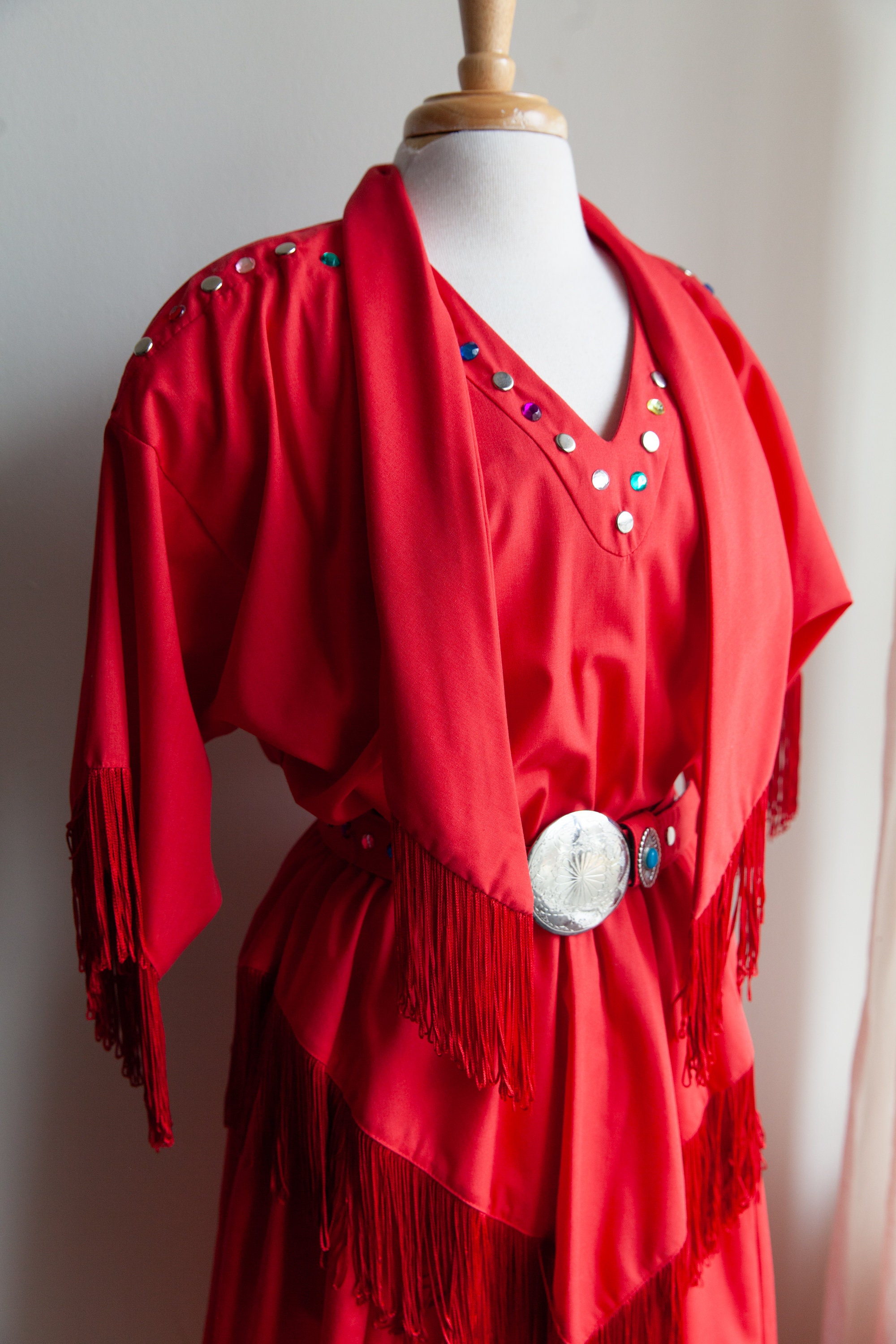 80s red fringe western dress, 80s cowgirl dress, L/XL