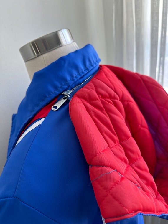 vintage blue racing jacket, 1980s 80s blue red stripe… - Gem