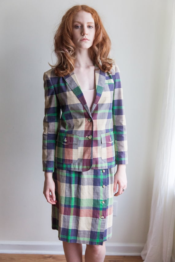 vintage mad about plaid suit, 1980s 80s cotton plaid … - Gem