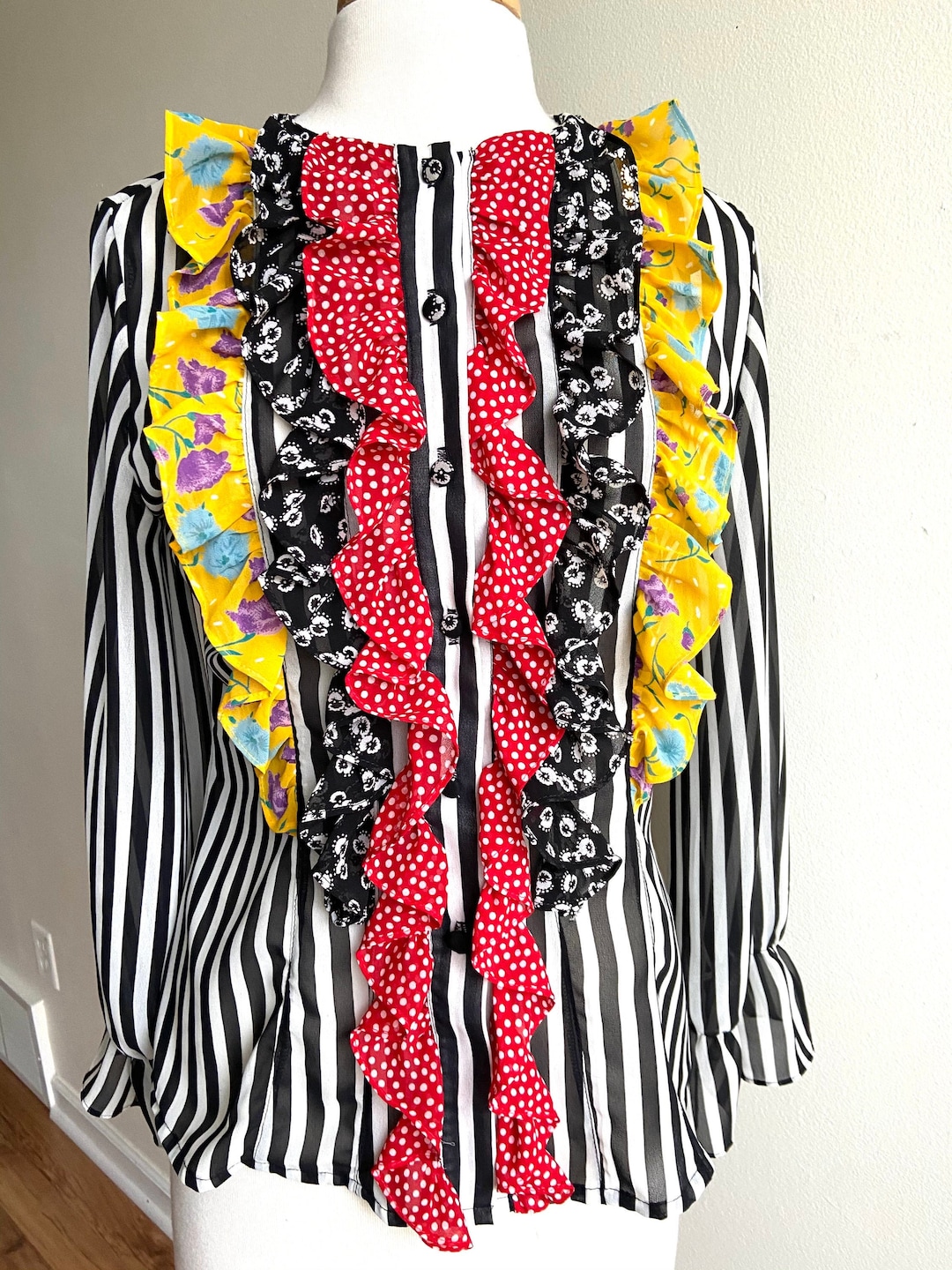 Vintage Ruffles for Days Blouse, 1980s 80s Striped Ruffle Semi Sheer ...