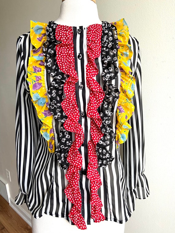 vintage ruffles for days blouse, 1980s 80s striped ru… - Gem