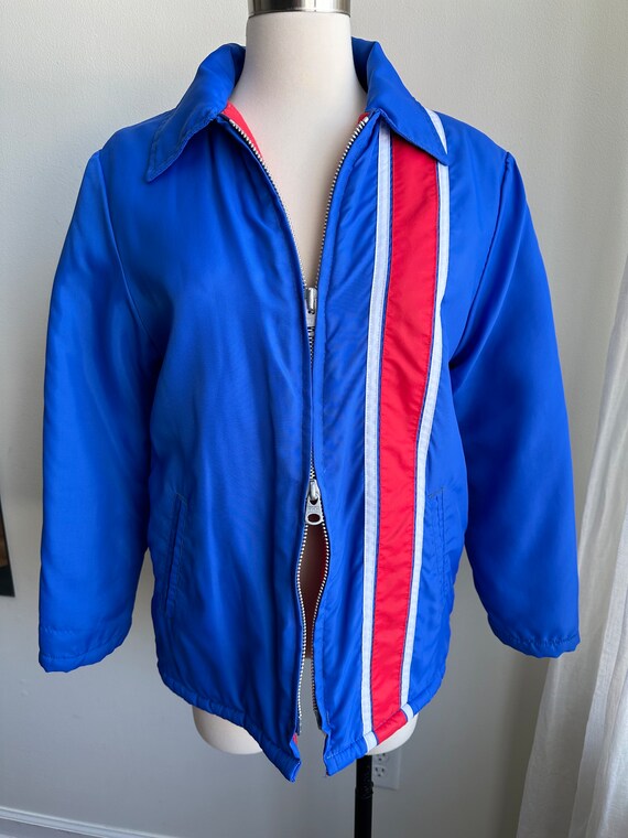 vintage blue racing jacket, 1980s 80s blue red stripe… - Gem