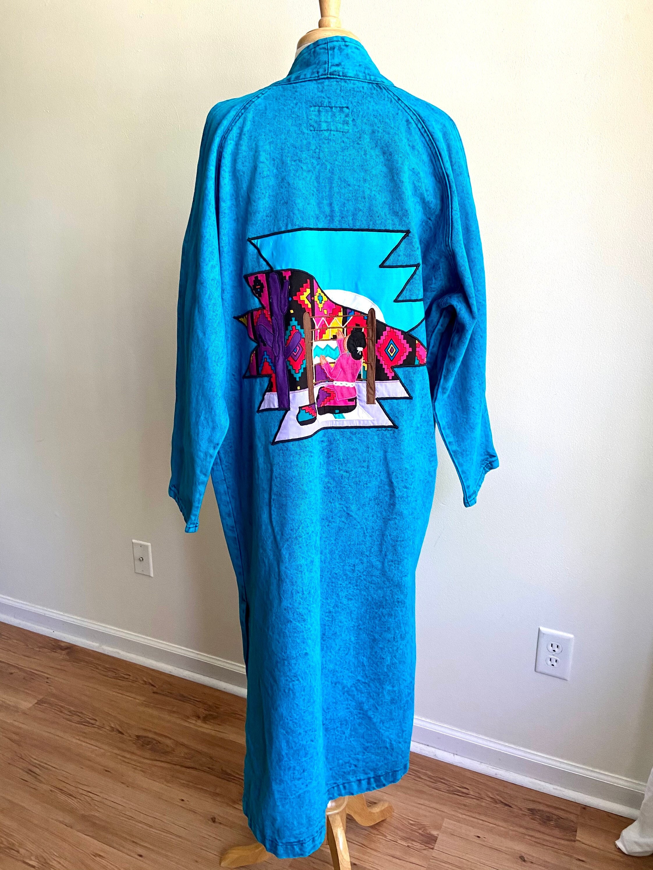 1990s southwestern denim duster jacket, Med/Large