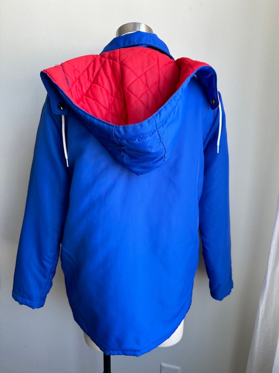 vintage blue racing jacket, 1980s 80s blue red stripe… - Gem