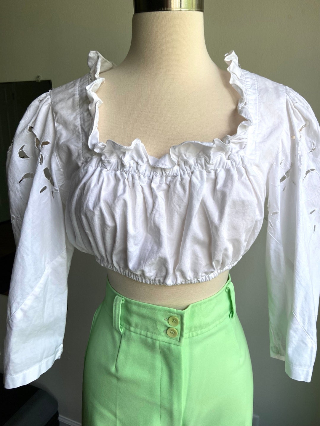 Vintage Cropped Ruffle Blouse, 1990s 90s Upcycled Cropped White ...