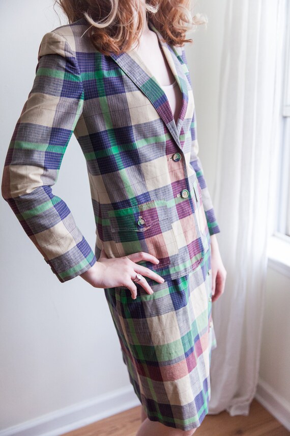 vintage mad about plaid suit, 1980s 80s cotton plaid … - Gem