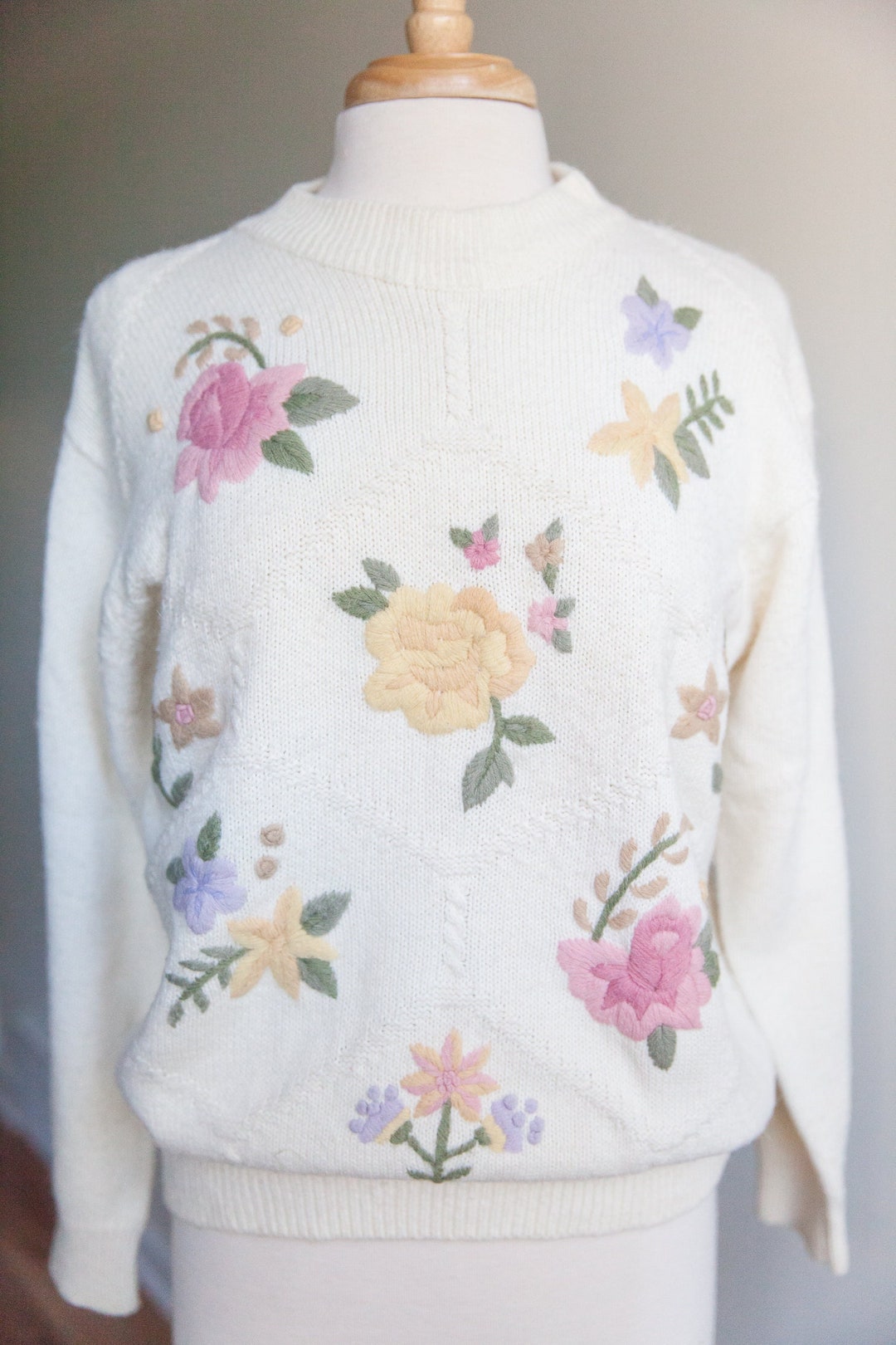 Vintage Ivory Embroidered Sweater, 1990s 90s Floral Embroidered ...