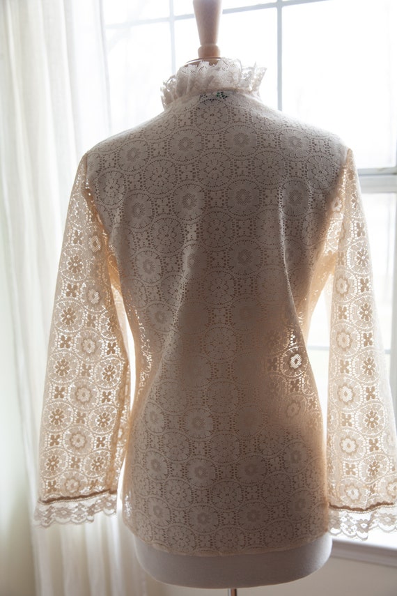 vintage lace ruffle blouse, 1980s 80s ivory lace ruff… - Gem