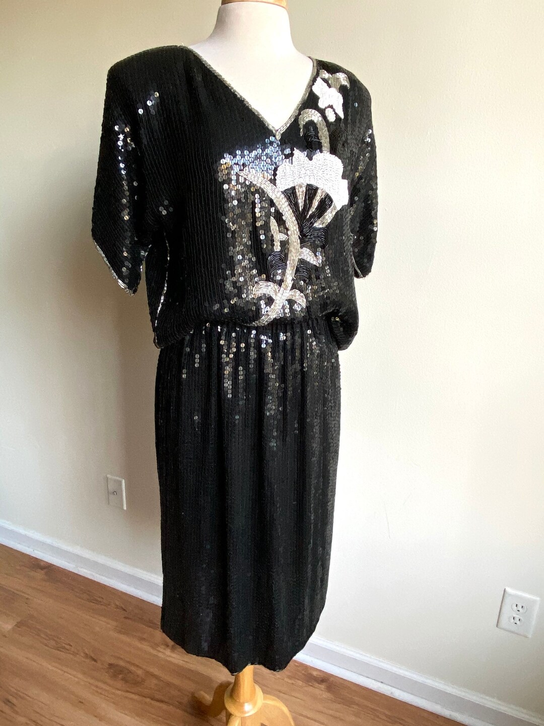 Vintage Black Sequin Two Piece Set, 80s Black Sequin and Beaded Skirt ...