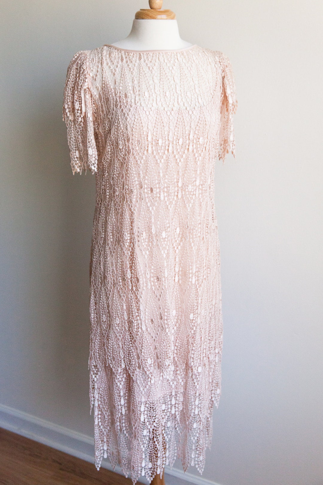 Vintage Blush Crochet Lace Dress, 1980s 80s Crochet Lace Slip Dress ...