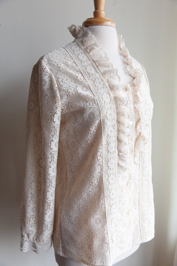 vintage lace ruffle blouse, 1980s 80s ivory lace ruff… - Gem