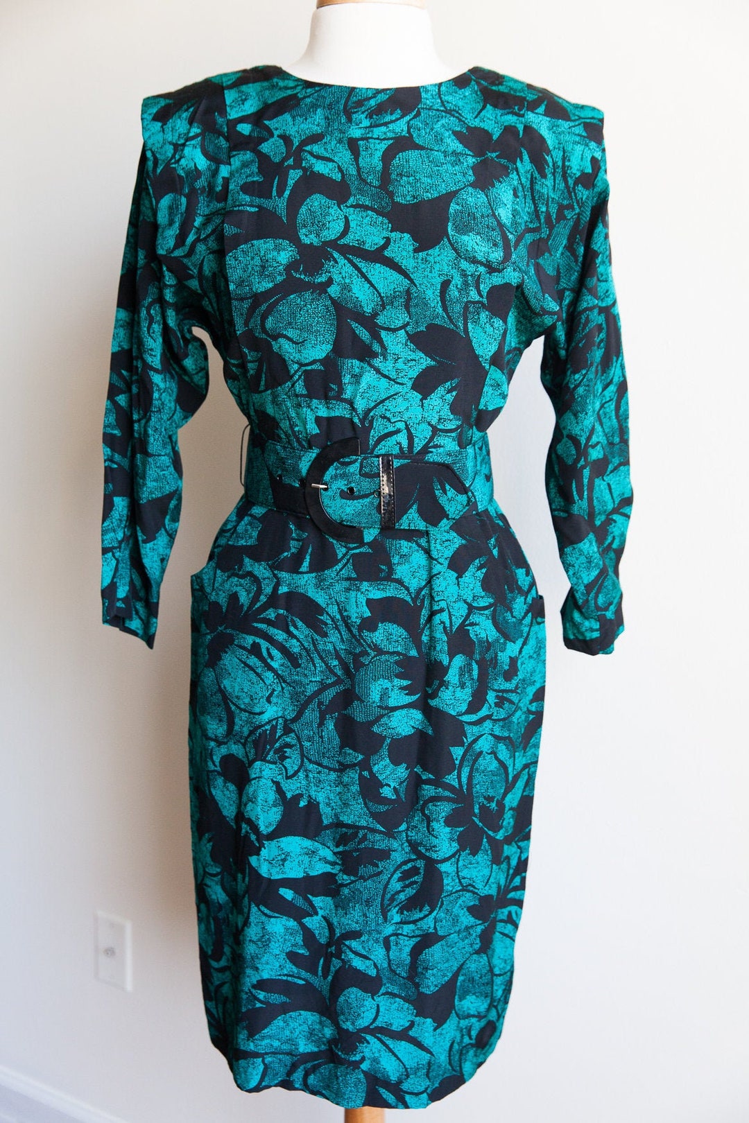 80s Vintage Teal Paradise Dress, 80s Teal and Black Floral Dress ...