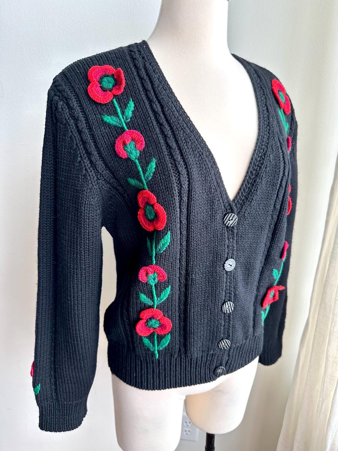 Vintage Embroidered Wool Cardigan: 1980s Black Floral Sweater - Etsy