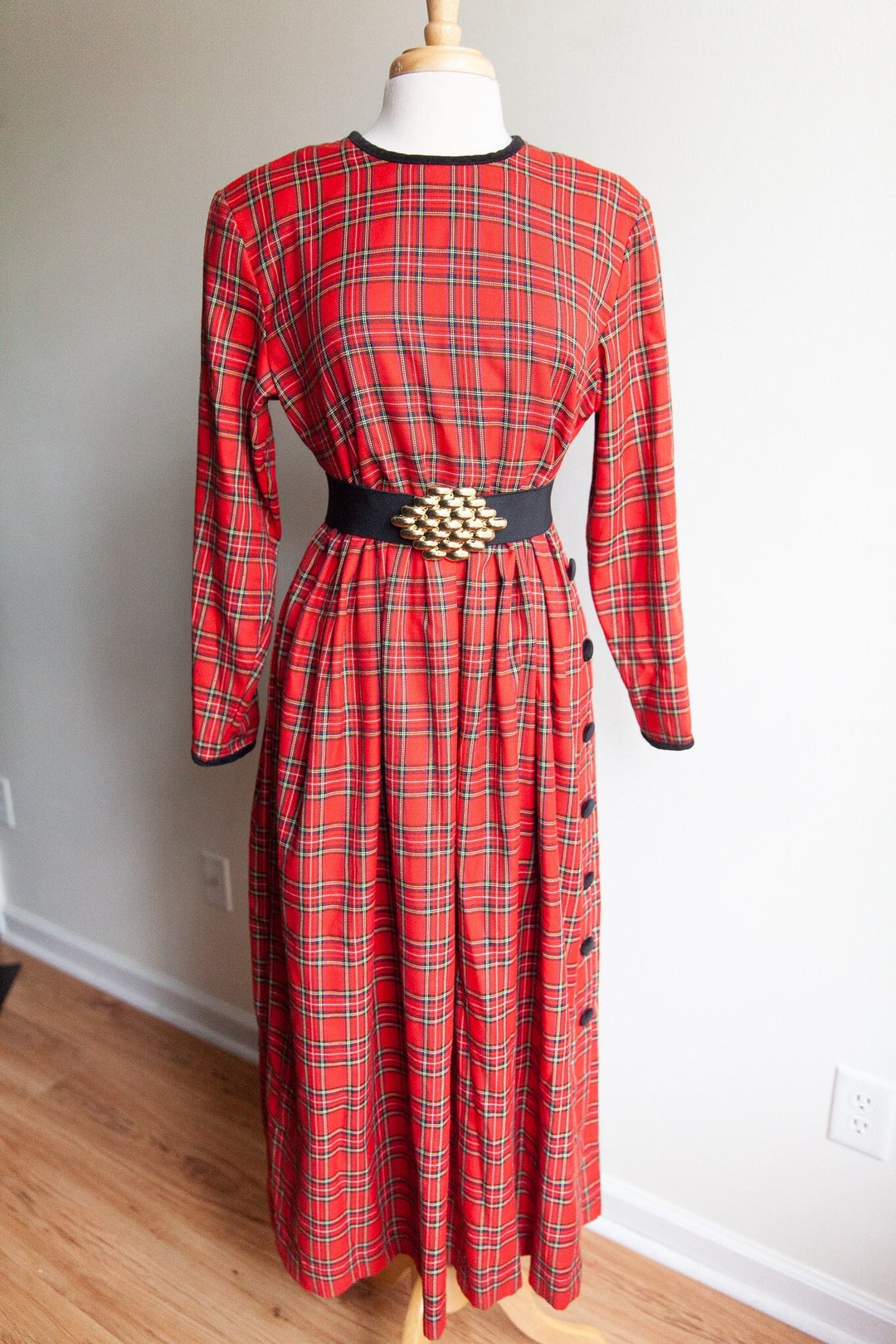 Vintage 80s Tartan Plaid Midi Dress: Velvet Buttons, Med/l - Etsy