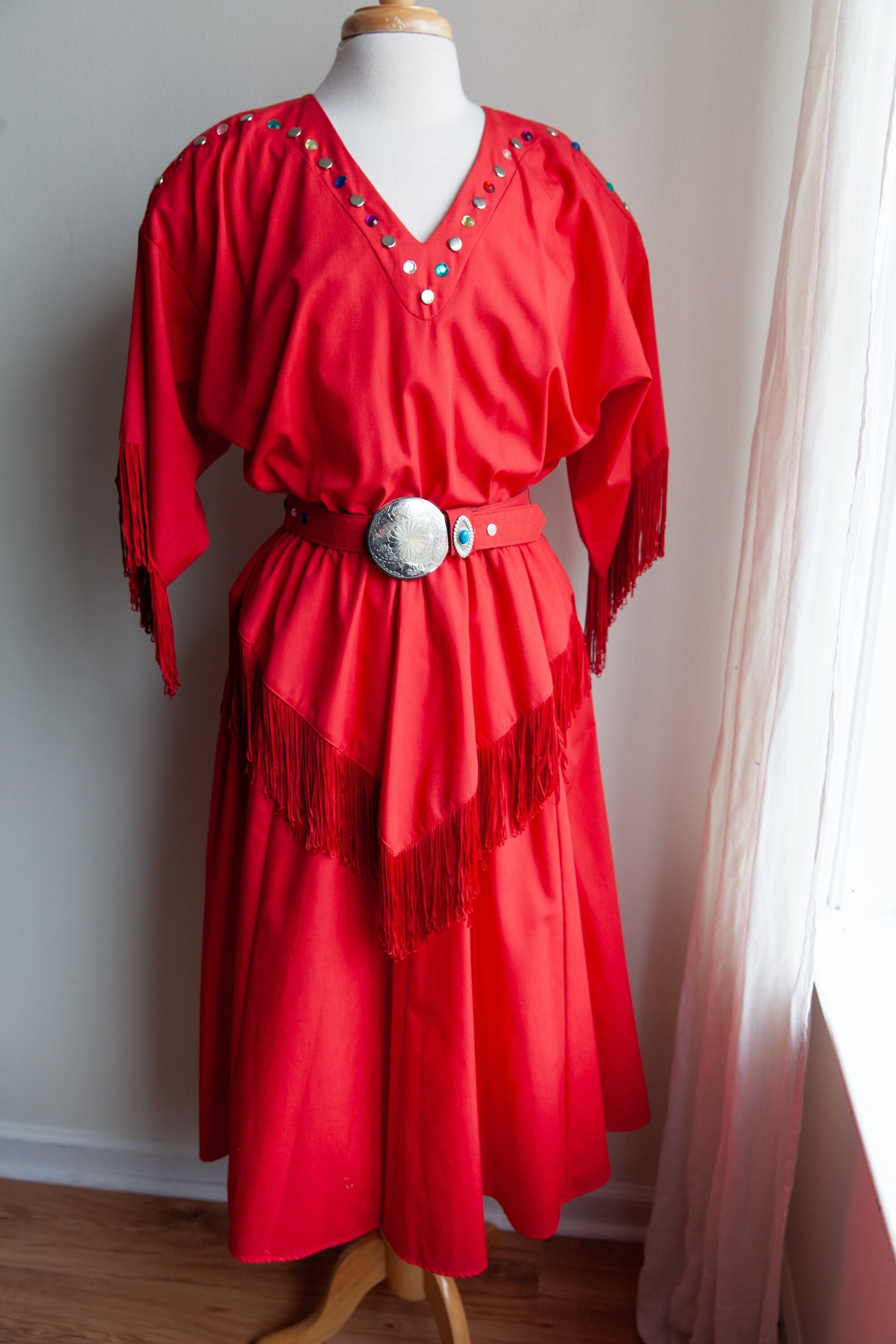 80s red fringe western dress, 80s cowgirl dress, L/XL