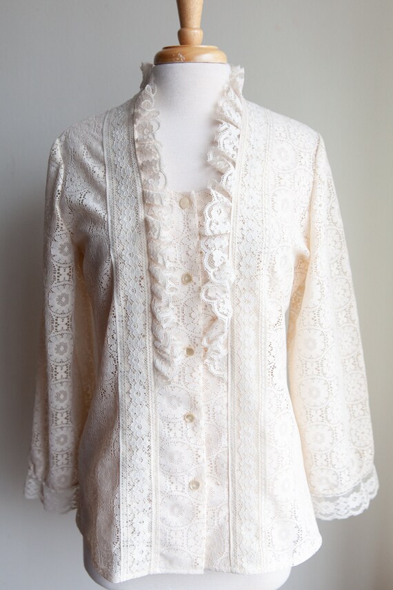 vintage lace ruffle blouse, 1980s 80s ivory lace ruff… - Gem
