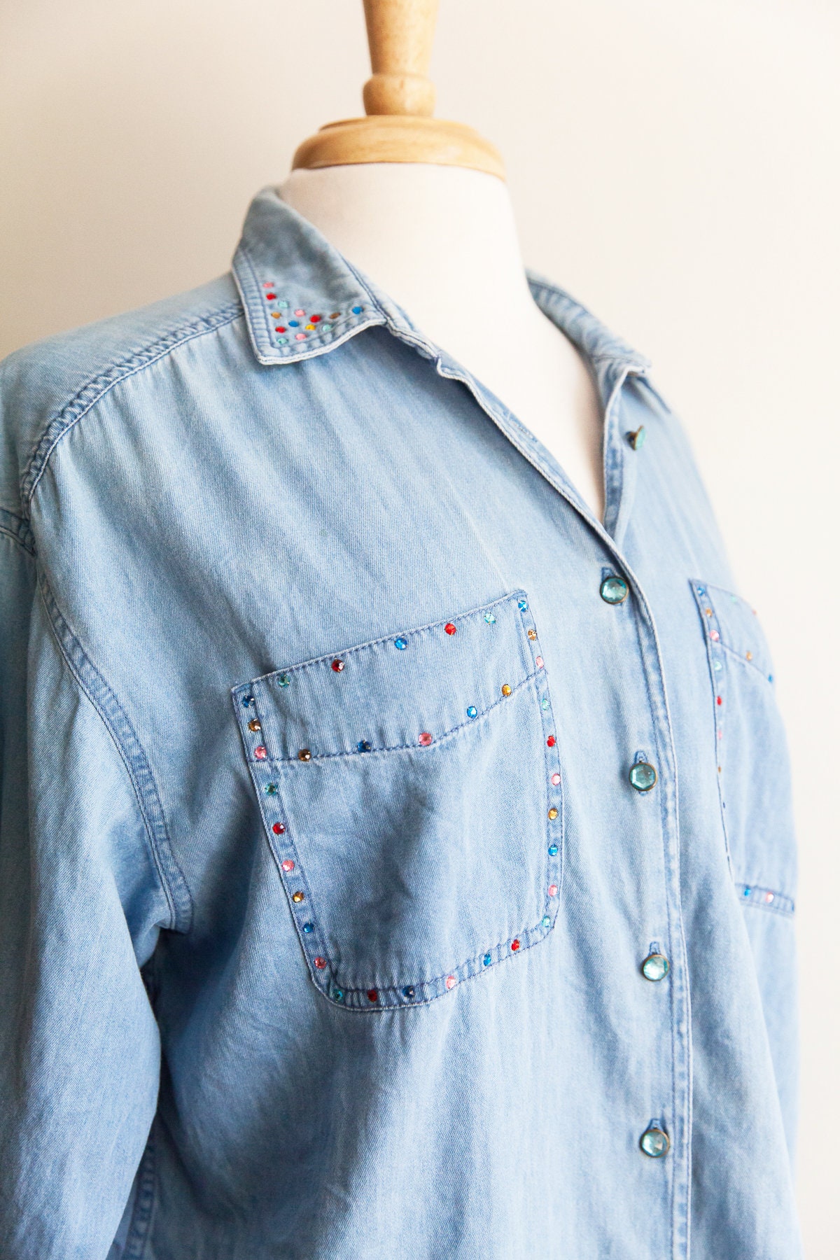 vintage denim and rhinestones shirt, 1980s 80s denim rhinestones ...