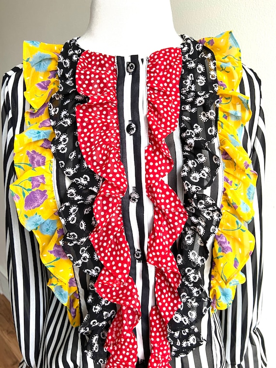 vintage ruffles for days blouse, 1980s 80s striped ru… - Gem