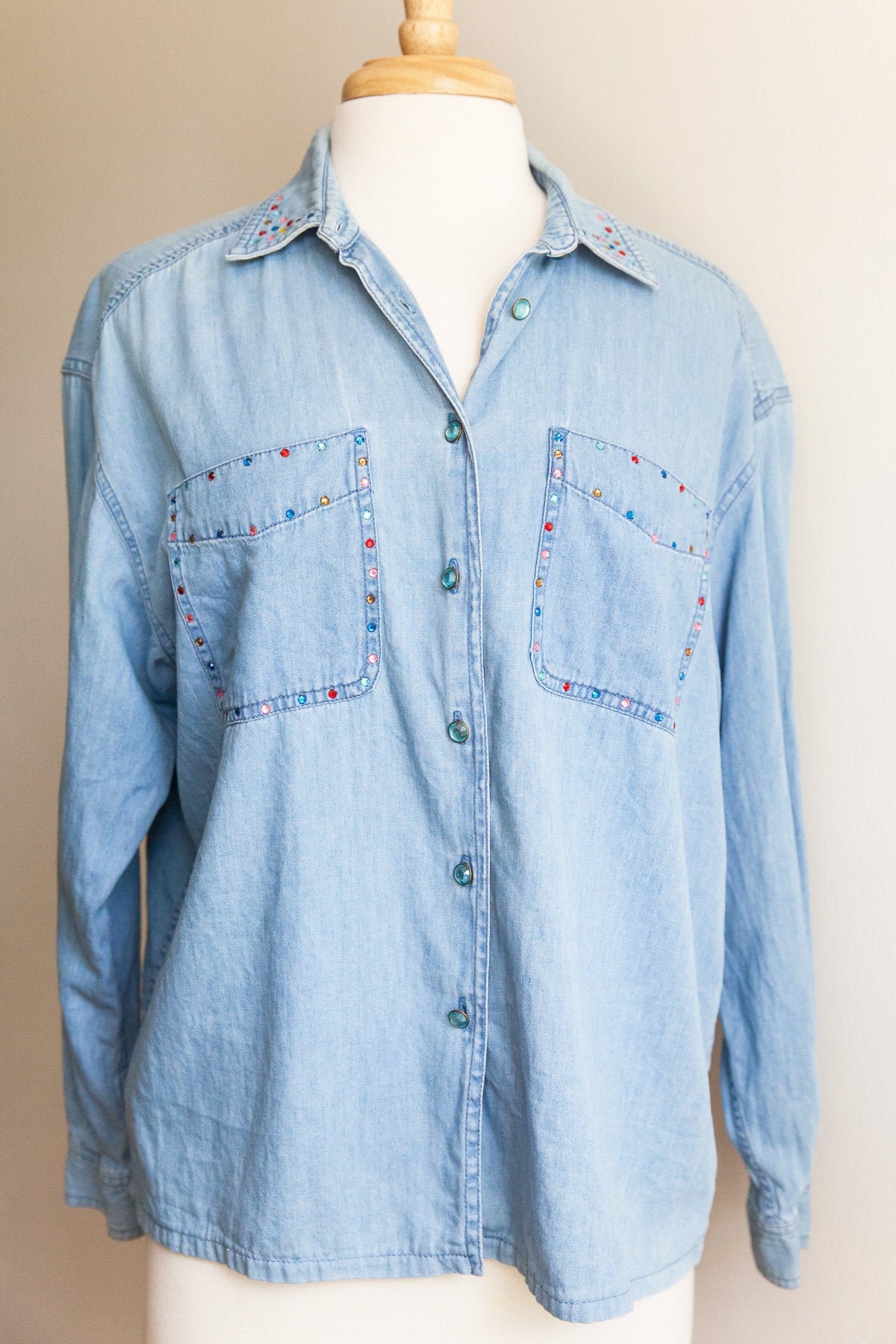 vintage denim and rhinestones shirt, 1980s 80s denim rhinestones ...