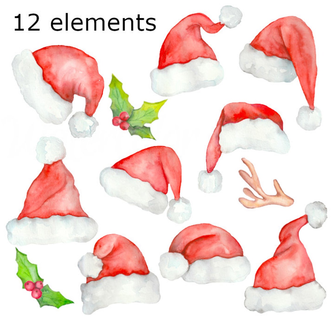WATERCOLOR CLIPART Santa Hat Christmas Scrapbooking Png | Etsy